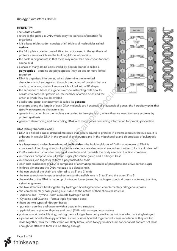 Biology Unit 3 Notes | Biology - Year 12 WACE | Thinkswap