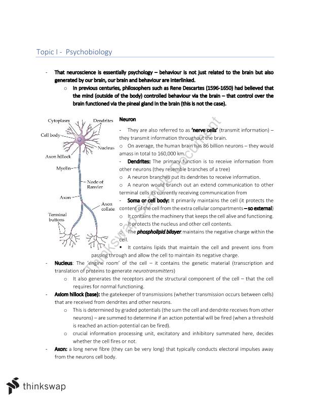 Psychobiology Notes | PSYC1011 - Psychology 1B - UNSW | Thinkswap
