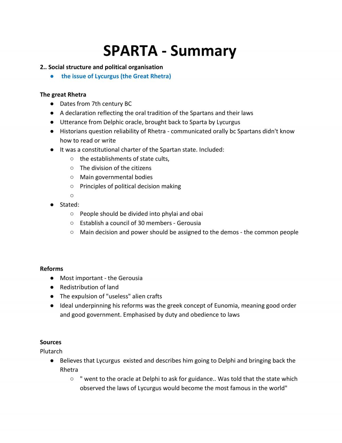Spartan Society - Summary Notes | Ancient History - Year 12 HSC | Thinkswap