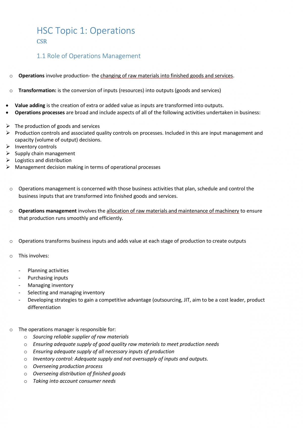 Operations Summary | Business Studies - Year 12 HSC | Thinkswap