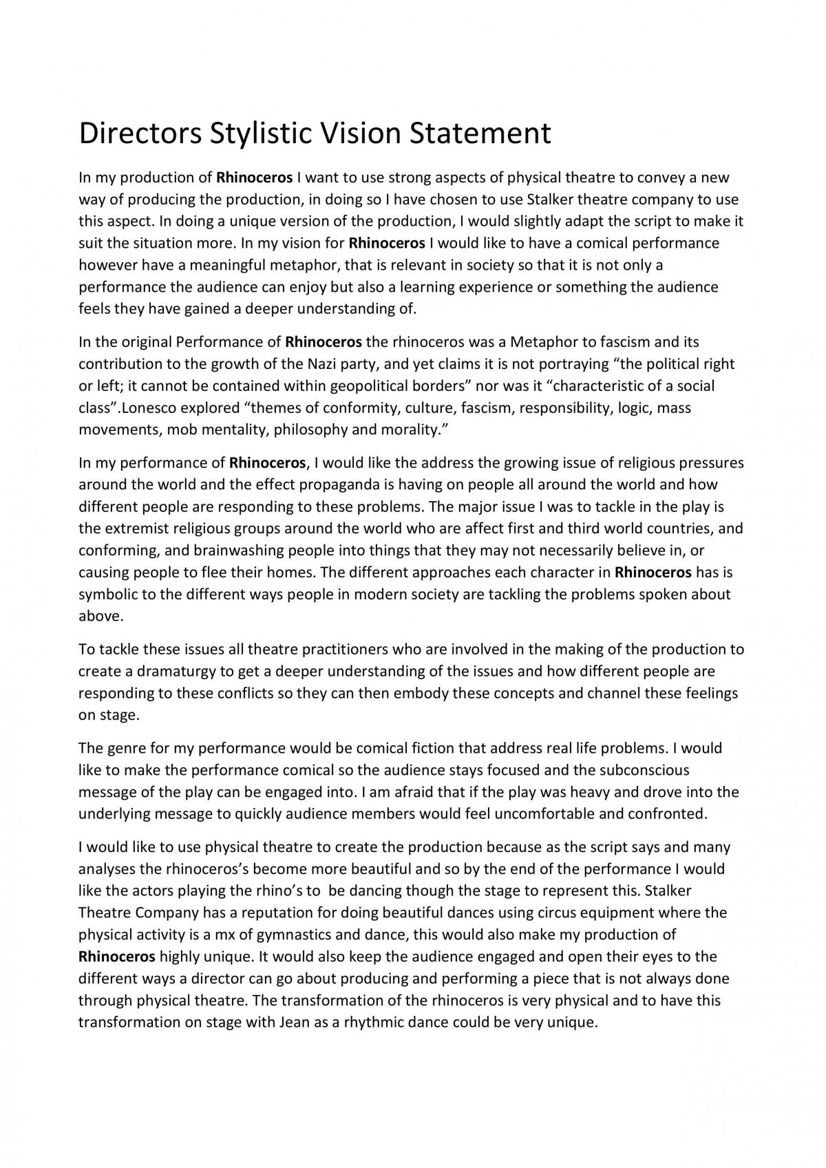 Preliminary Drama, Directors portfolio, Rhinoceros | Drama - Year 11 ...