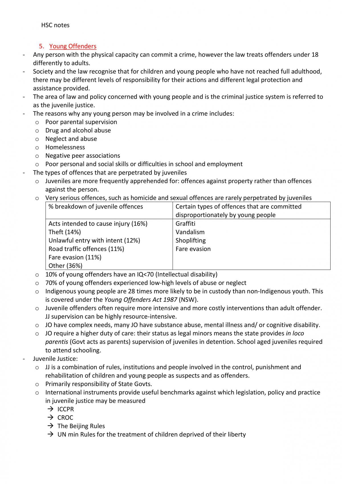 Young Offenders Notes | Legal Studies - Year 12 HSC | Thinkswap