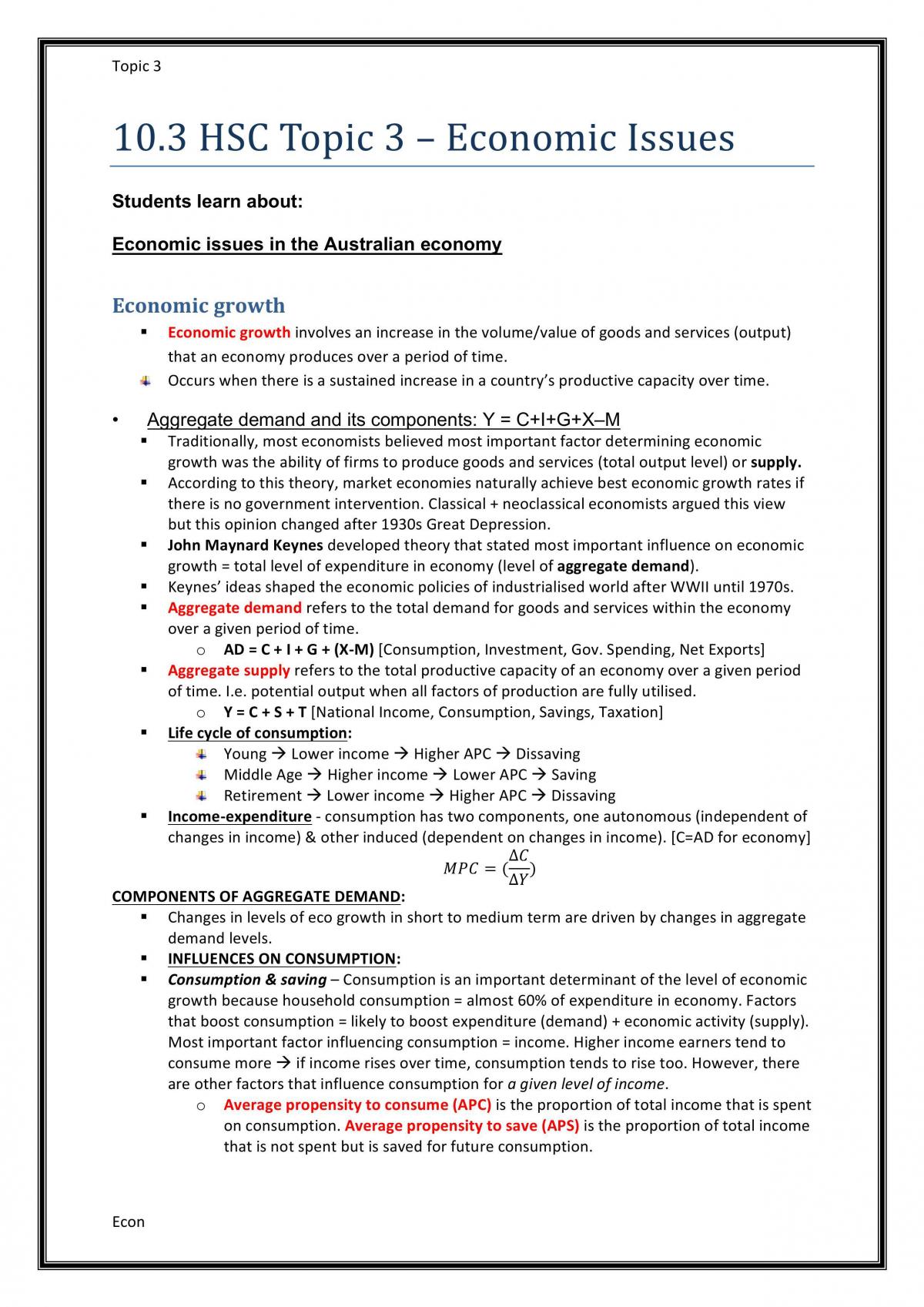 Full Economics Notes Topic 3 | Economics - Year 12 HSC | Thinkswap