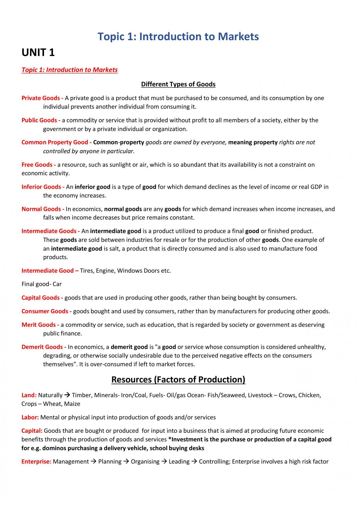 Unit One & Two Economics Notes | Economics - Year 11 WACE | Thinkswap