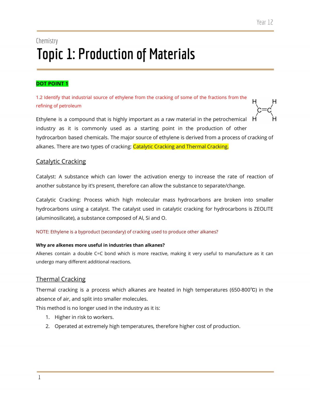 Production of Materials Chemistry Notes | Chemistry - Year 12 HSC ...