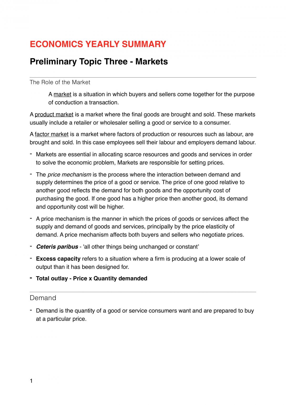 Economics Yearly Summary | Economics - Year 11 HSC | Thinkswap