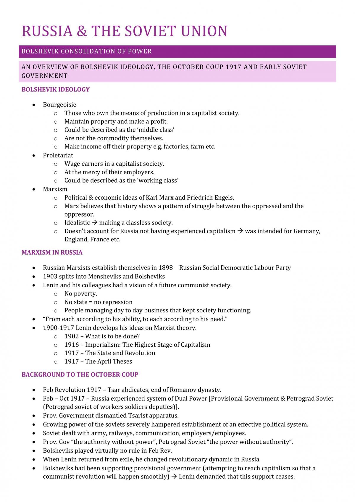 Russia and the Soviet Union 2019 Notes HSC | Modern History - Year 12 ...