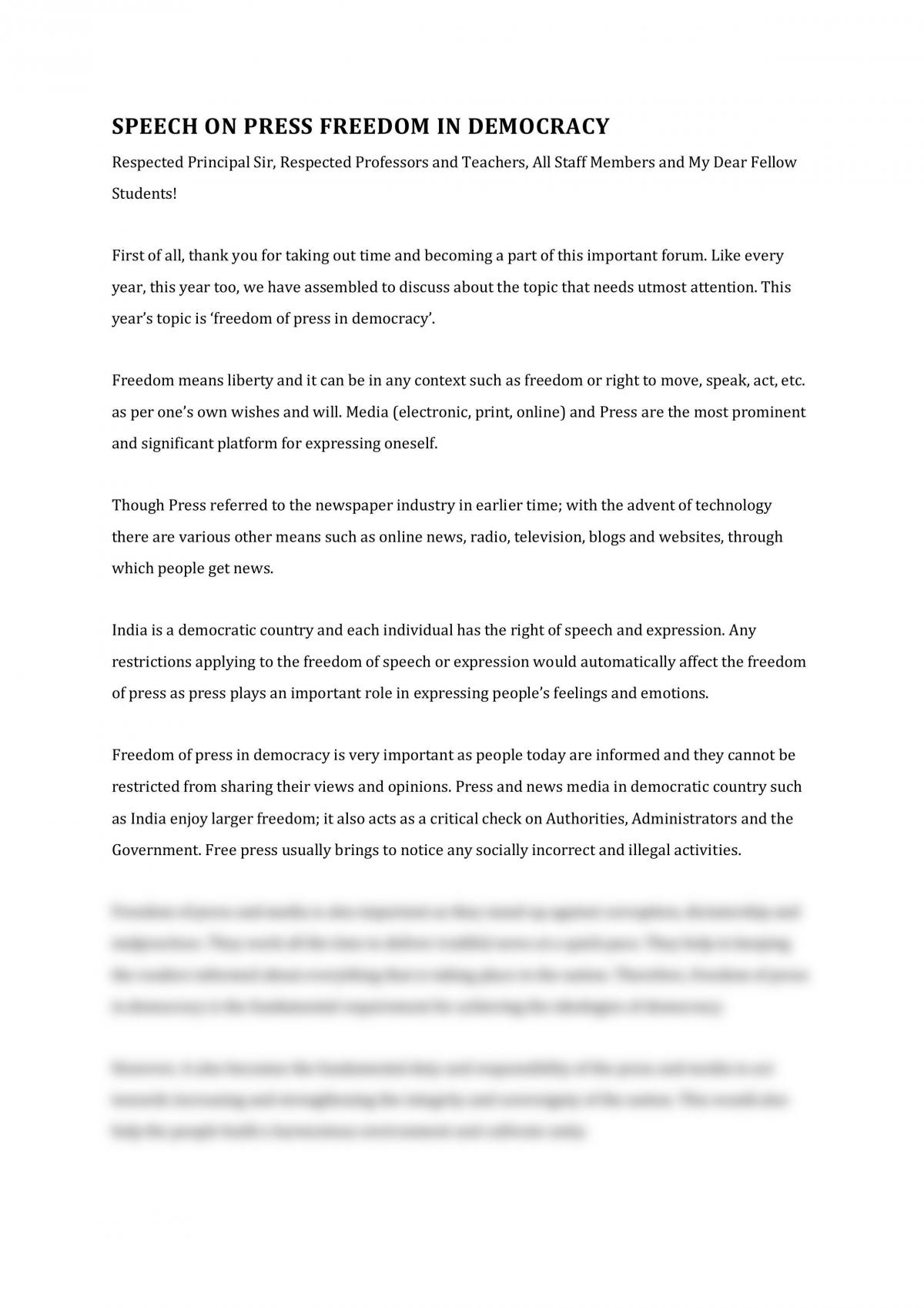 Speech on Press Freedom in Democracy | English - Year 11 SACE | Thinkswap