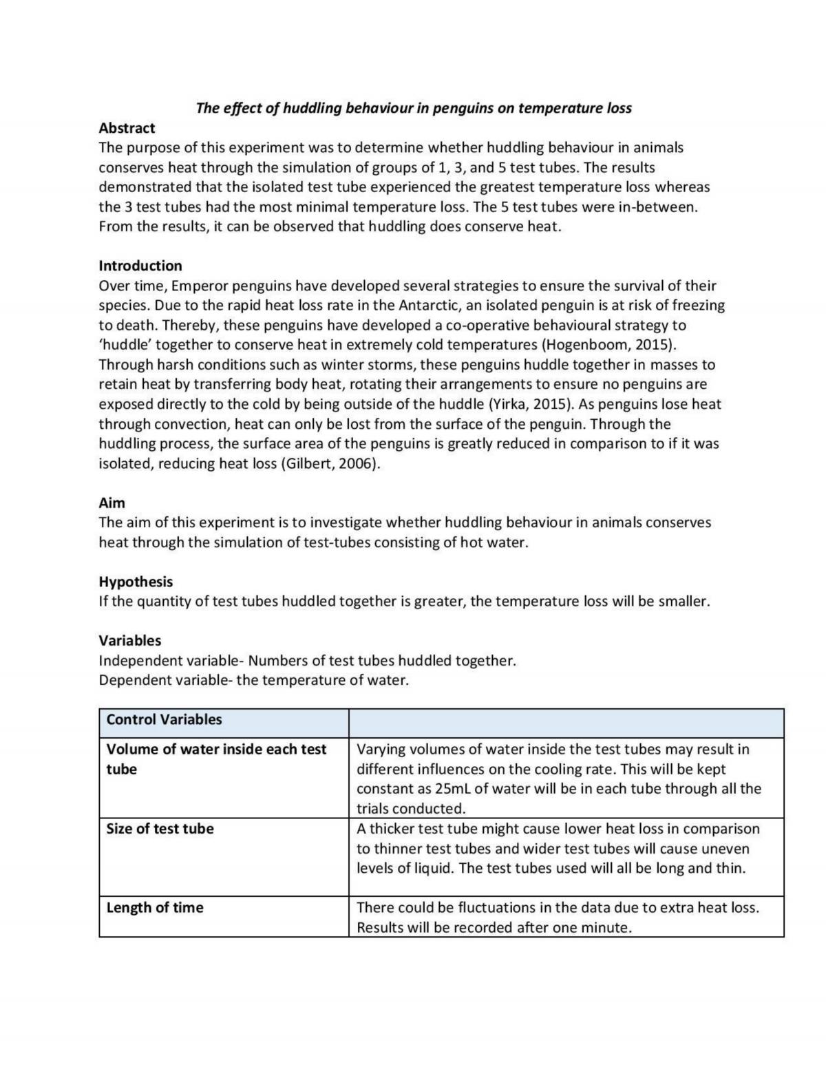 Huddling Prac Report | Biology - Year 11 SACE | Thinkswap