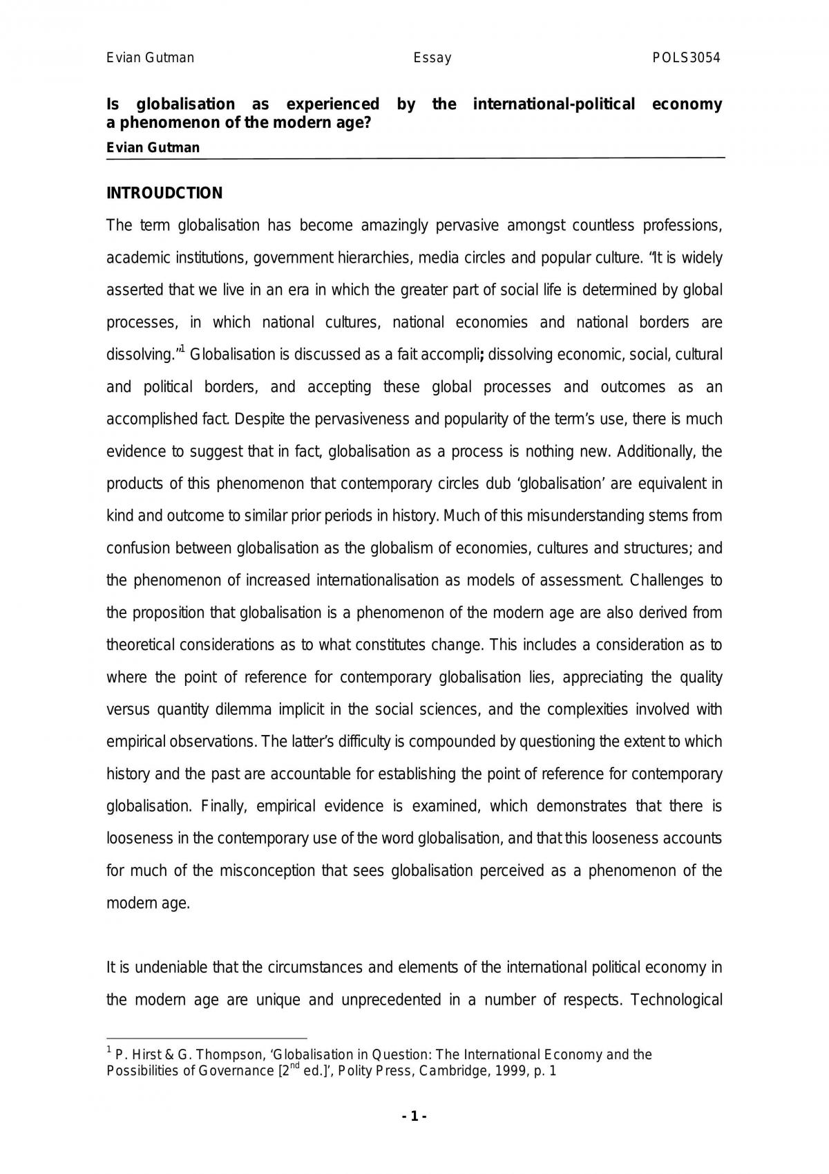 Globalisation Essay | POLS3054 - Theorising International Political ...