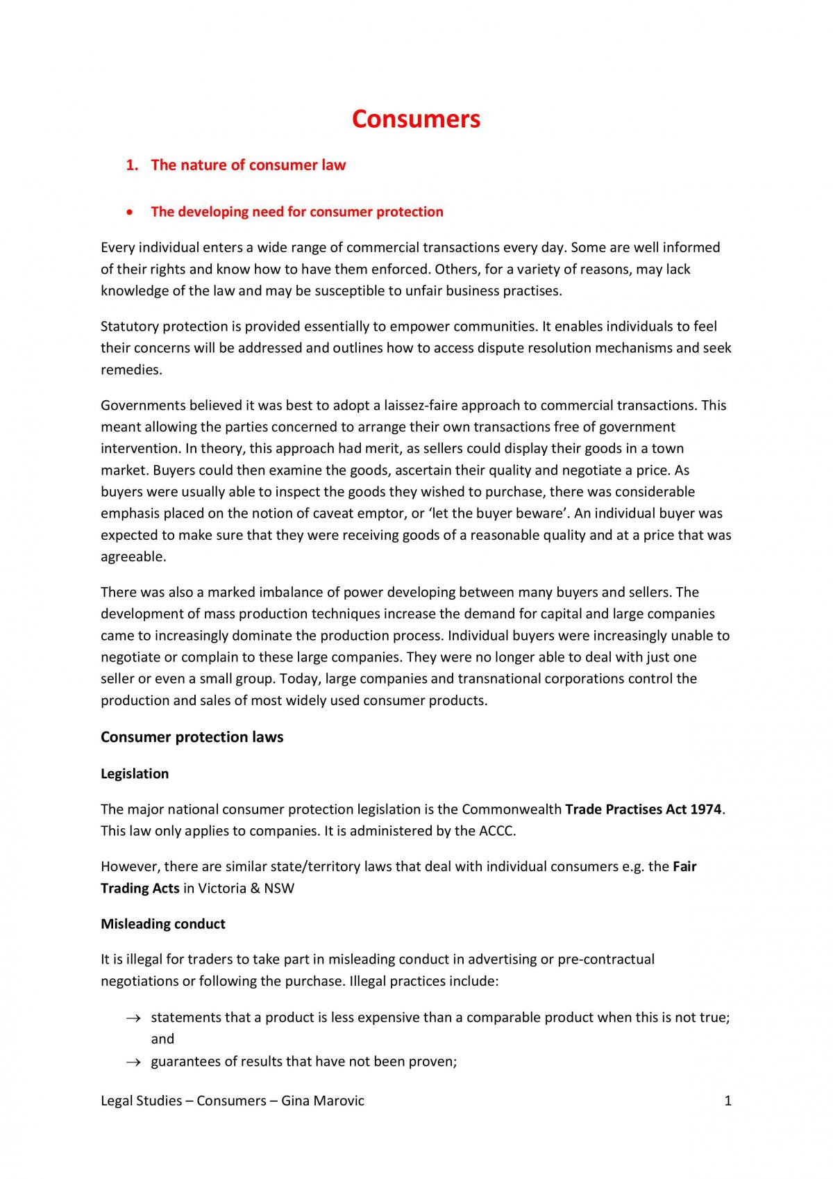 Consumer Law Summary | Legal Studies - Year 12 HSC | Thinkswap