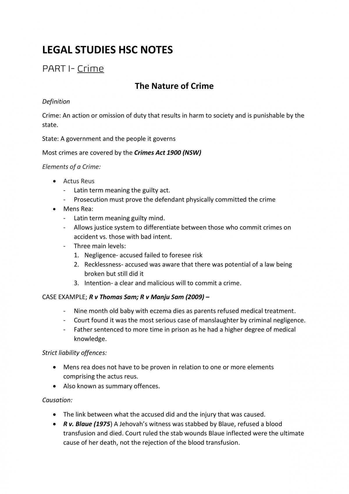 Crime Syllabus Notes | Legal Studies - Year 12 HSC | Thinkswap