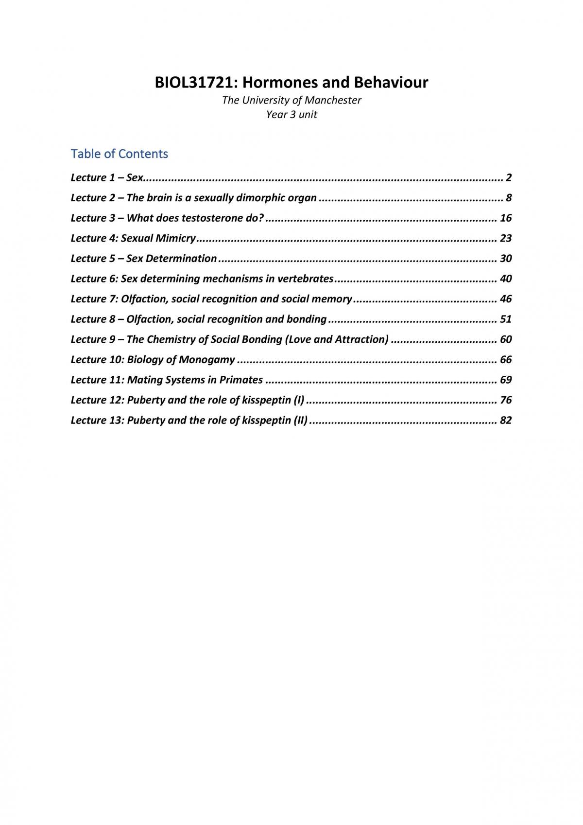 Hormones and Behaviour Full Notes | BIOL31721 - Hormones & Behaviour ...