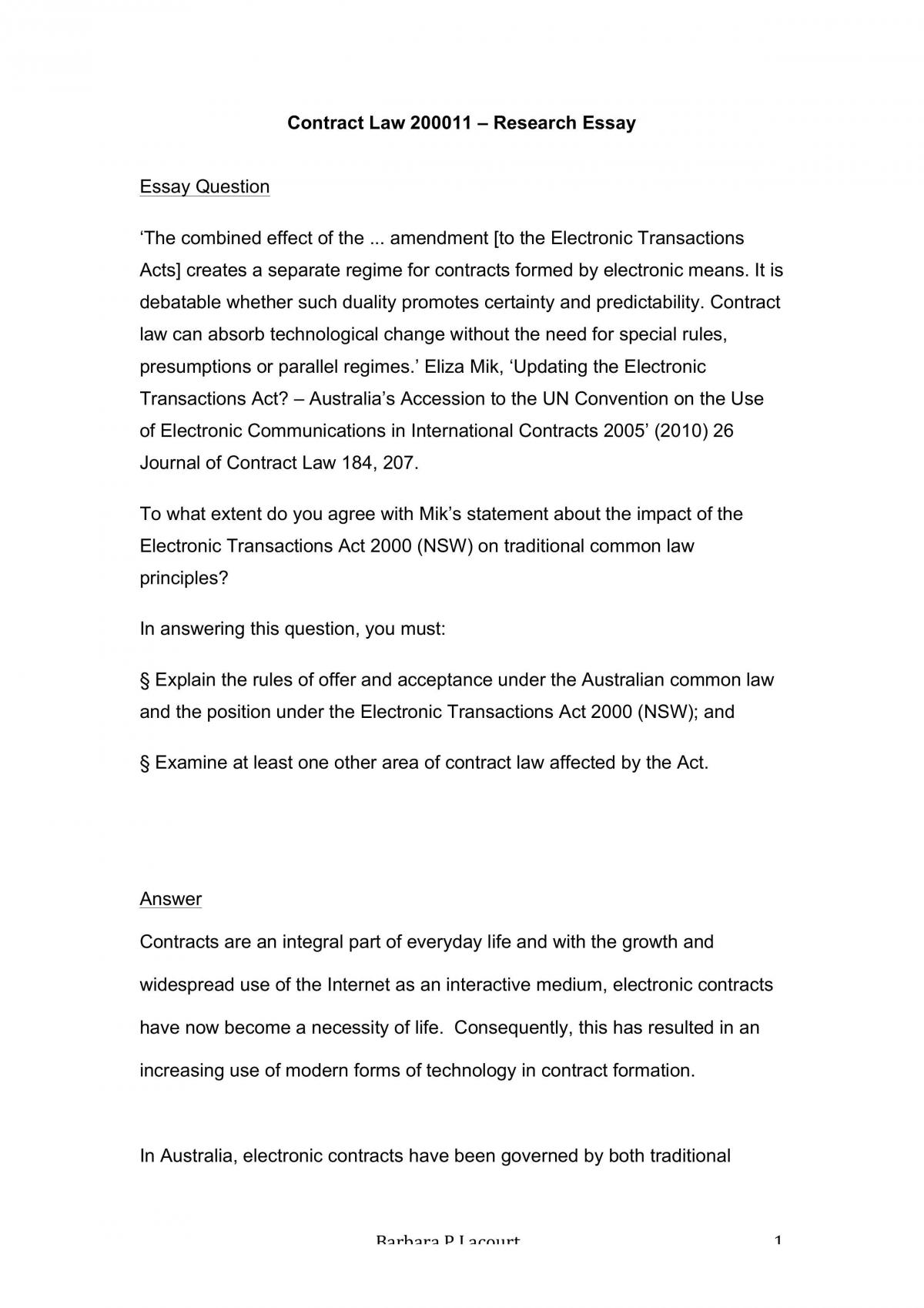 Contract Law 200011 – Research Essay | LAWS 2003 - Contracts - WSU ...
