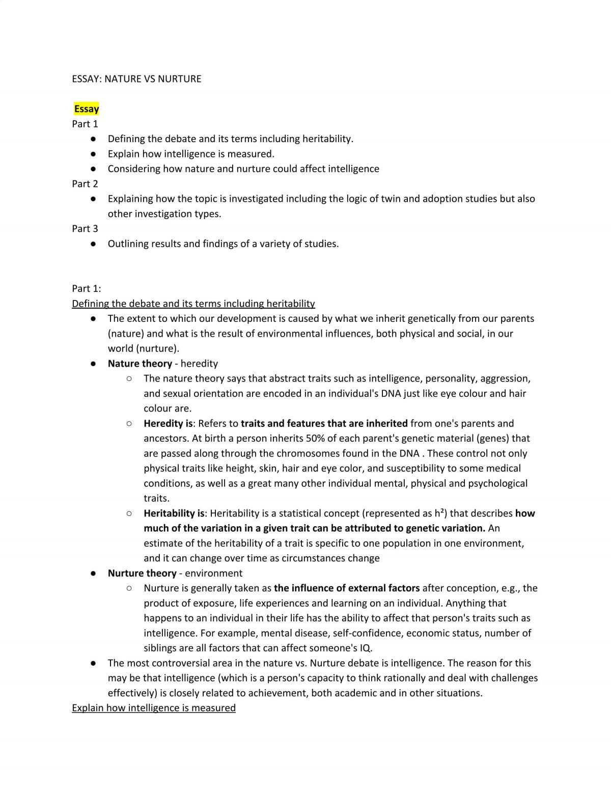 Nature vs Nurture Essay | Psychology - Year 11 WACE | Thinkswap