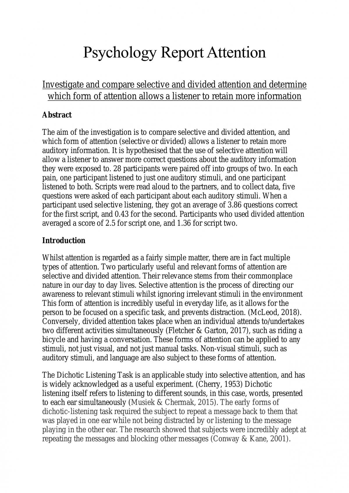 Psychology Attention Report | Psychology - Year 11 WACE | Thinkswap