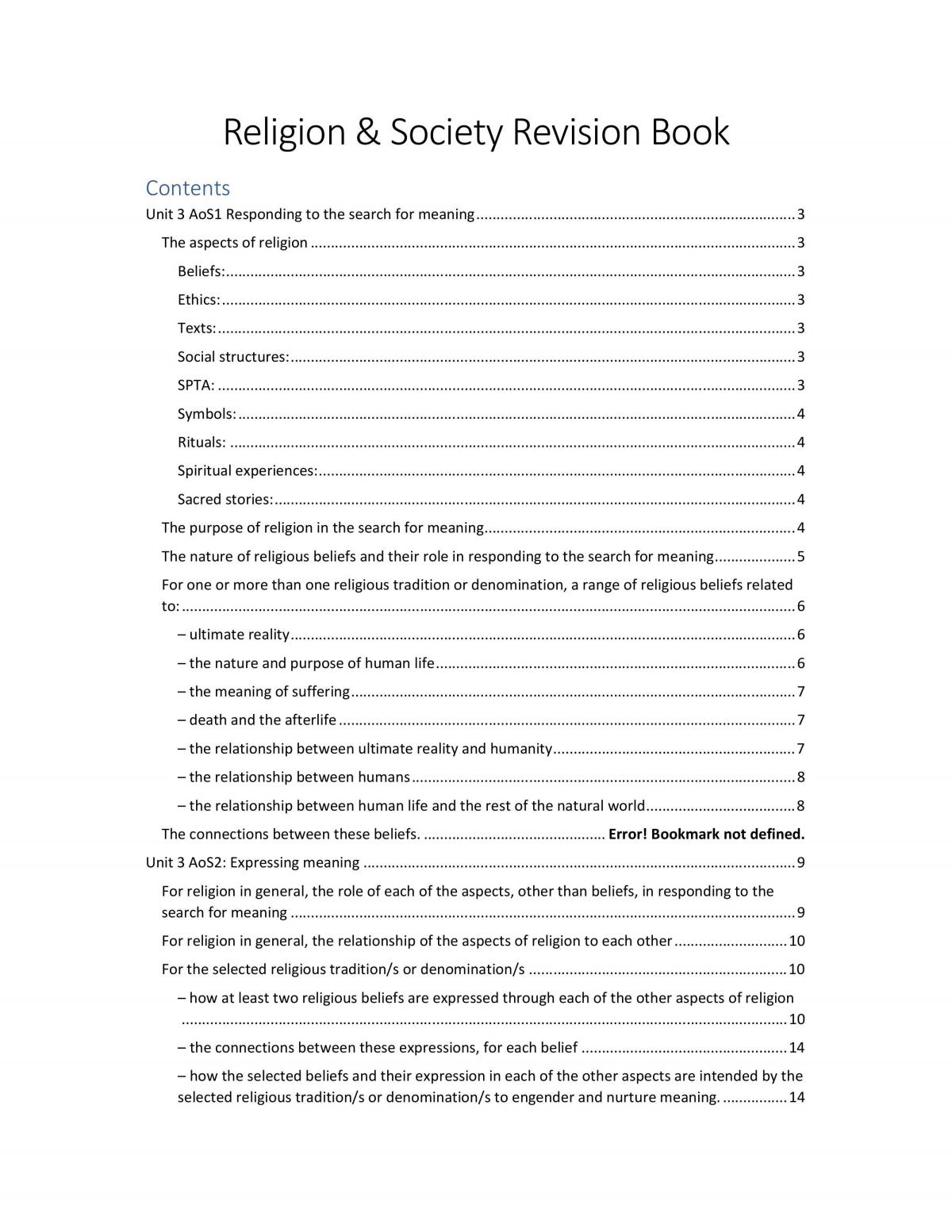 RAS Unit 3/4 Exam Notes | Religion and Society - Year 12 VCE | Thinkswap