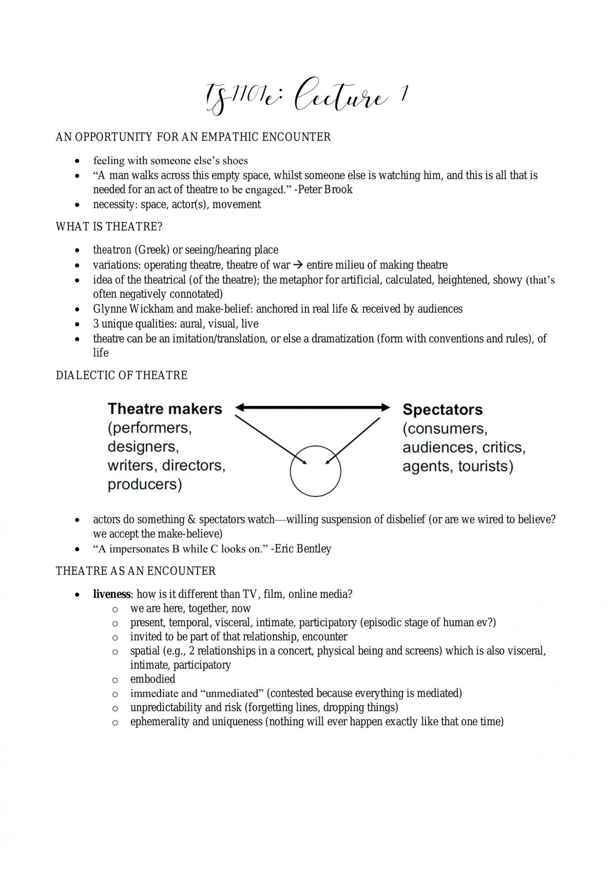 TS1101E: Introduction to Theatre and Performance Notes | TS1101E ...