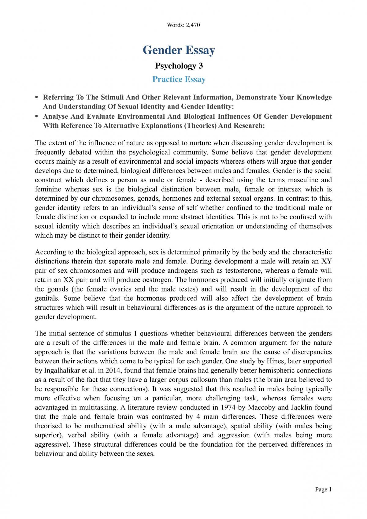 Psychology Practice Essay - Gender | Psychology - Year 11 TCE | Thinkswap