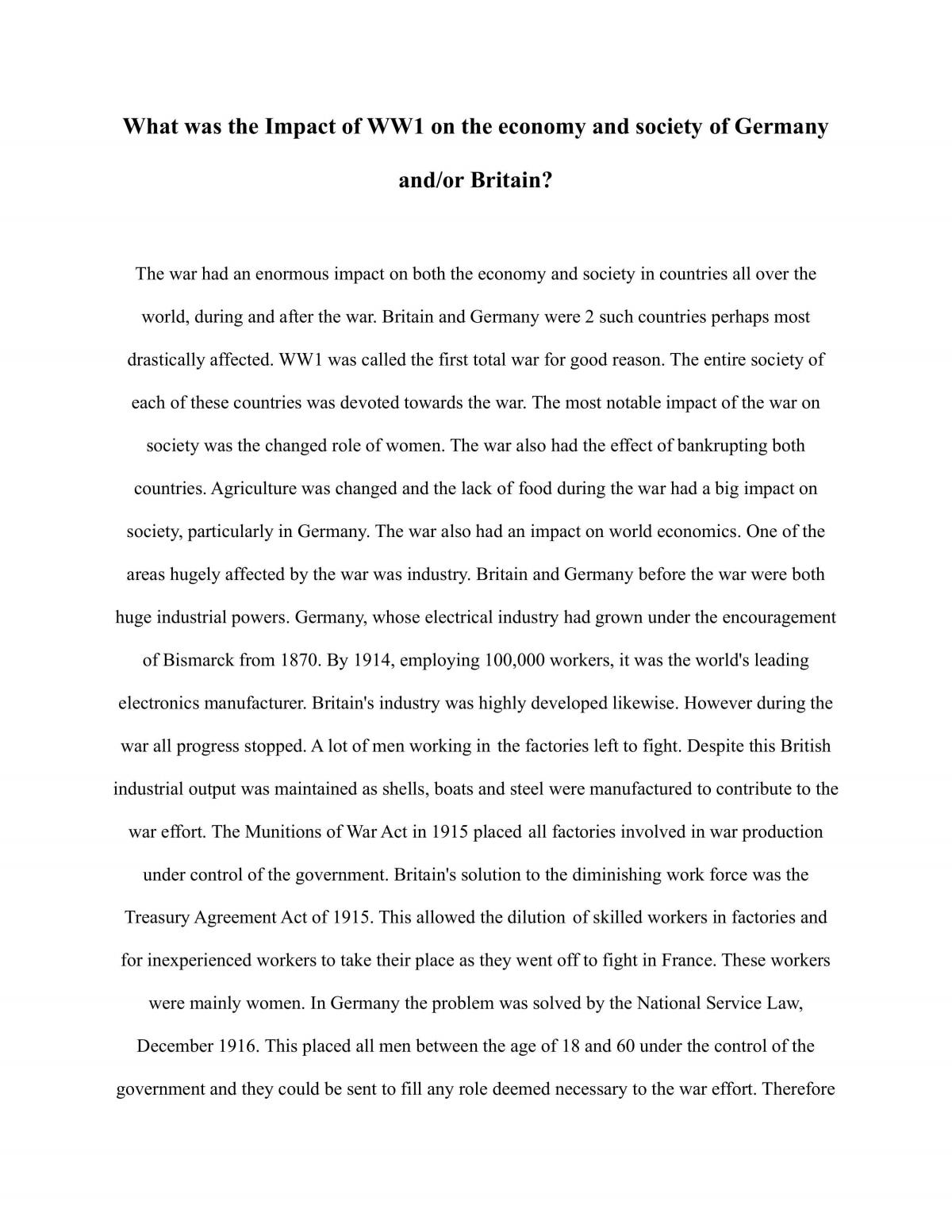 What was the Impact of WW1 on the economy and society of Germany and/or ...