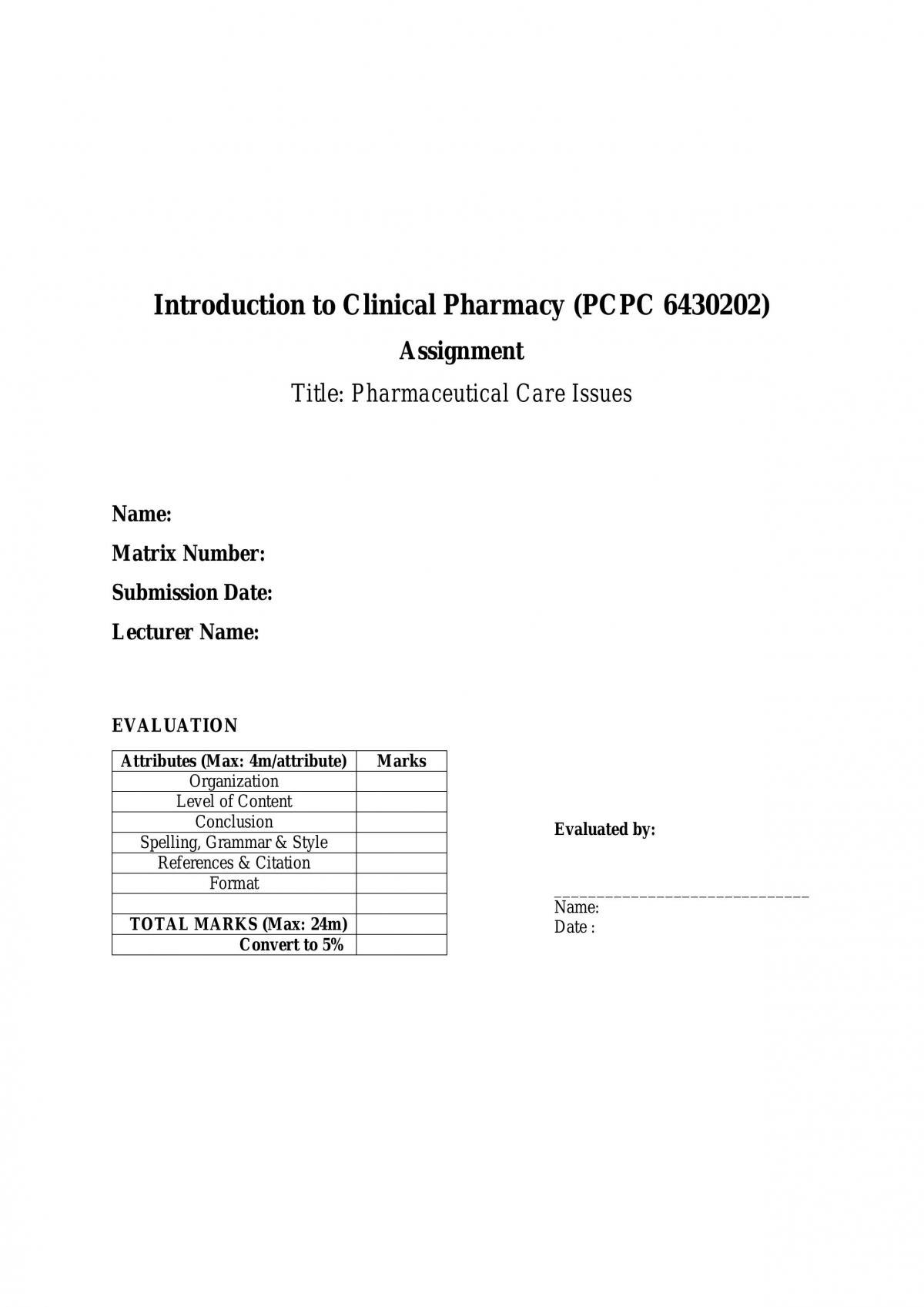 Pharmaceutical Care Issues | PCPC6430202 - Introduction to Clinical ...