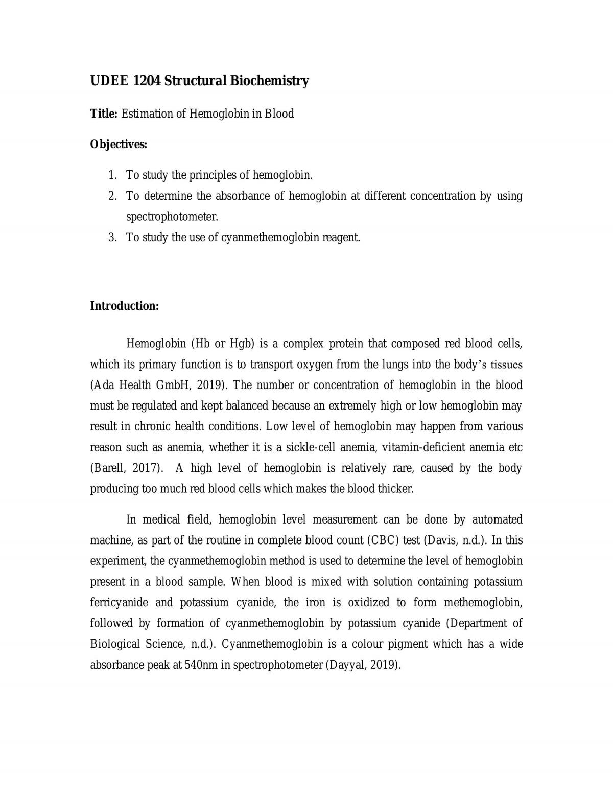 Estimation of Hemoglobin in Blood Sample Practical Report | UDEE1204 ...