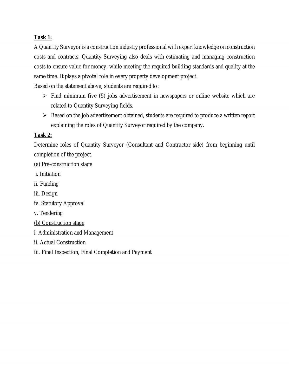 Quantity Surveying Assignment (Role of QS) | FIA1543 - Introduction to ...