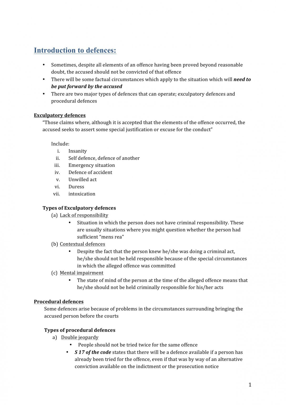Exam notes and attack plans for Criminal Law B - Defences. WA ...