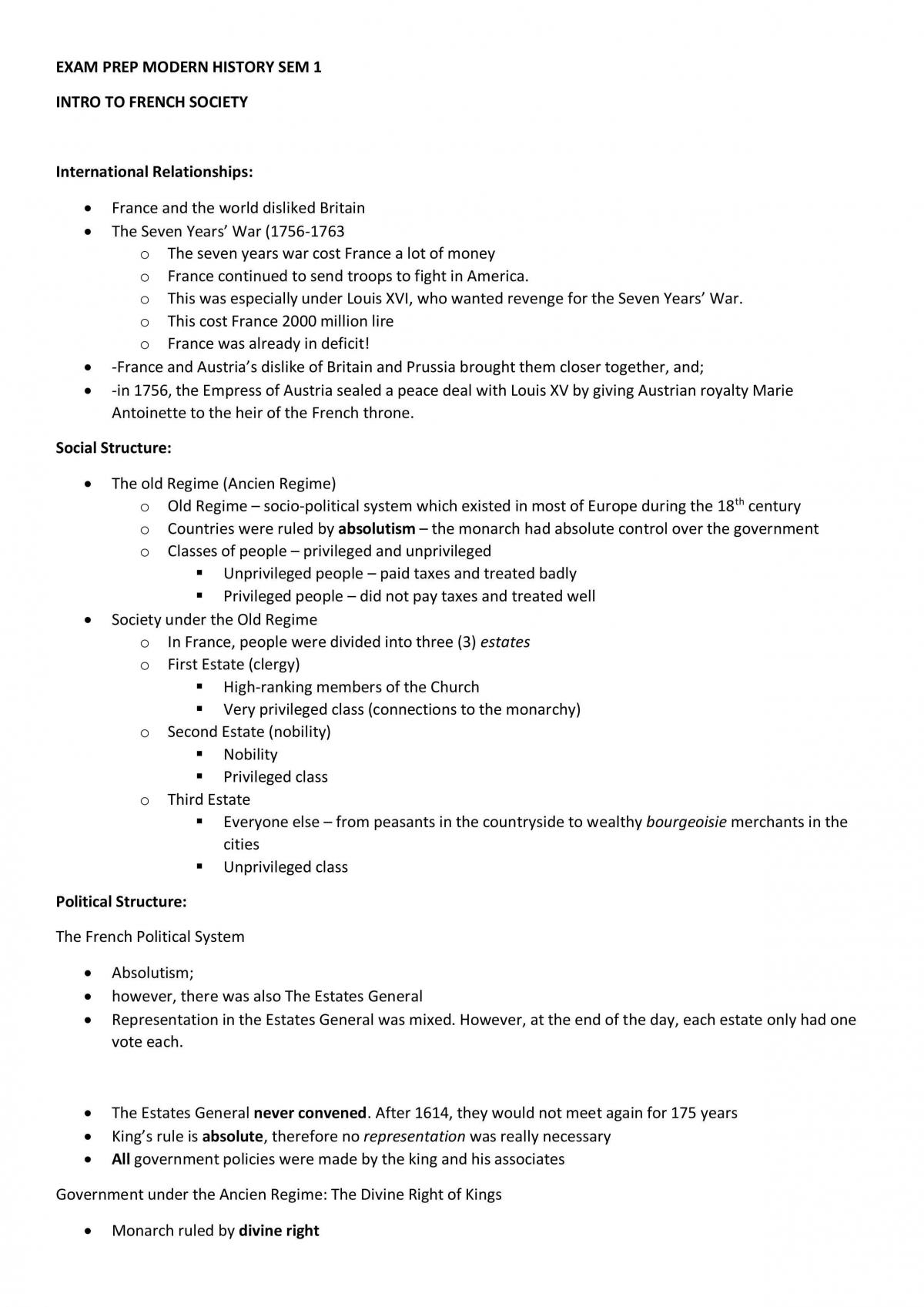 Modern History French Revolution notes | Modern History - Year 11 WACE ...