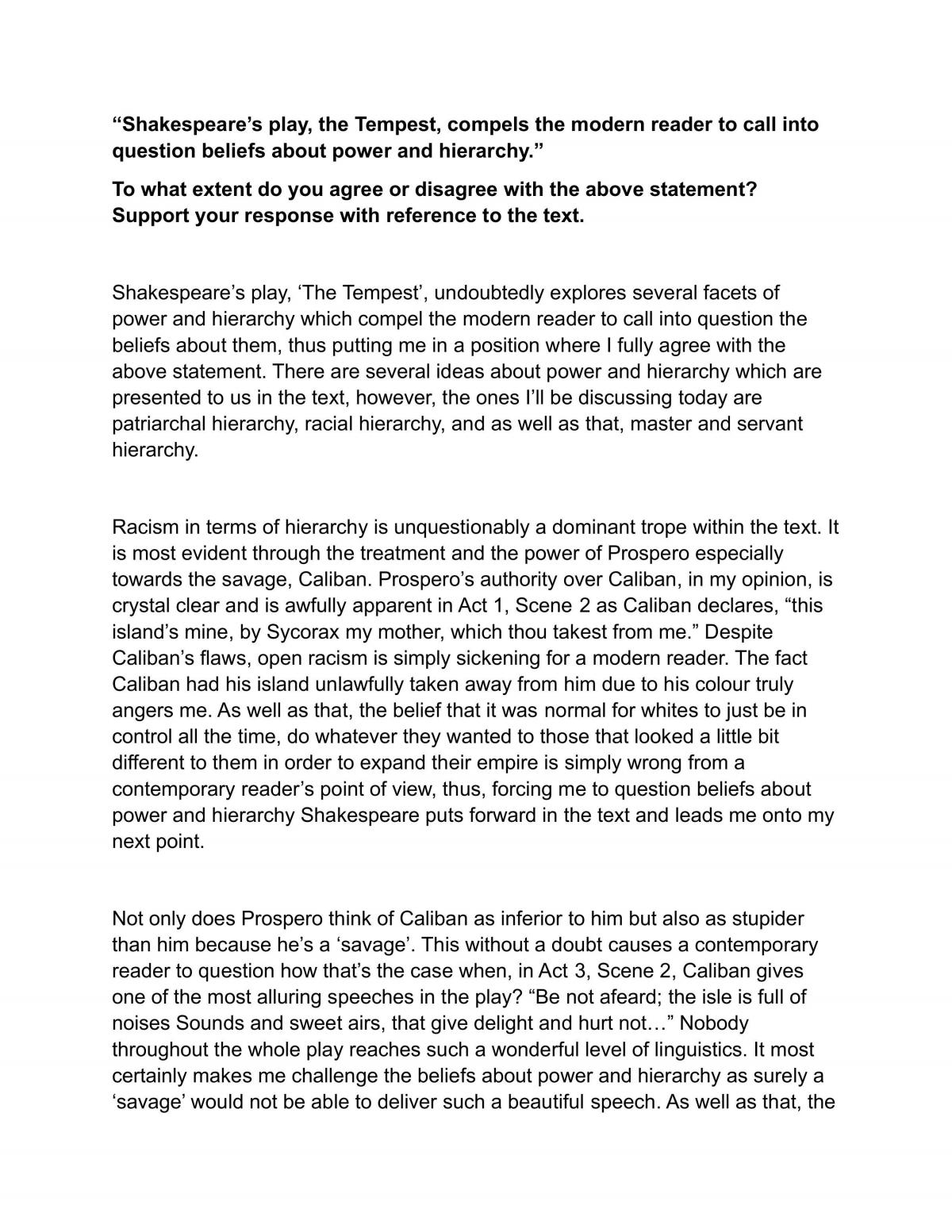 Power and Hierarchy - The Tempest Essay | English - Higher Level ...