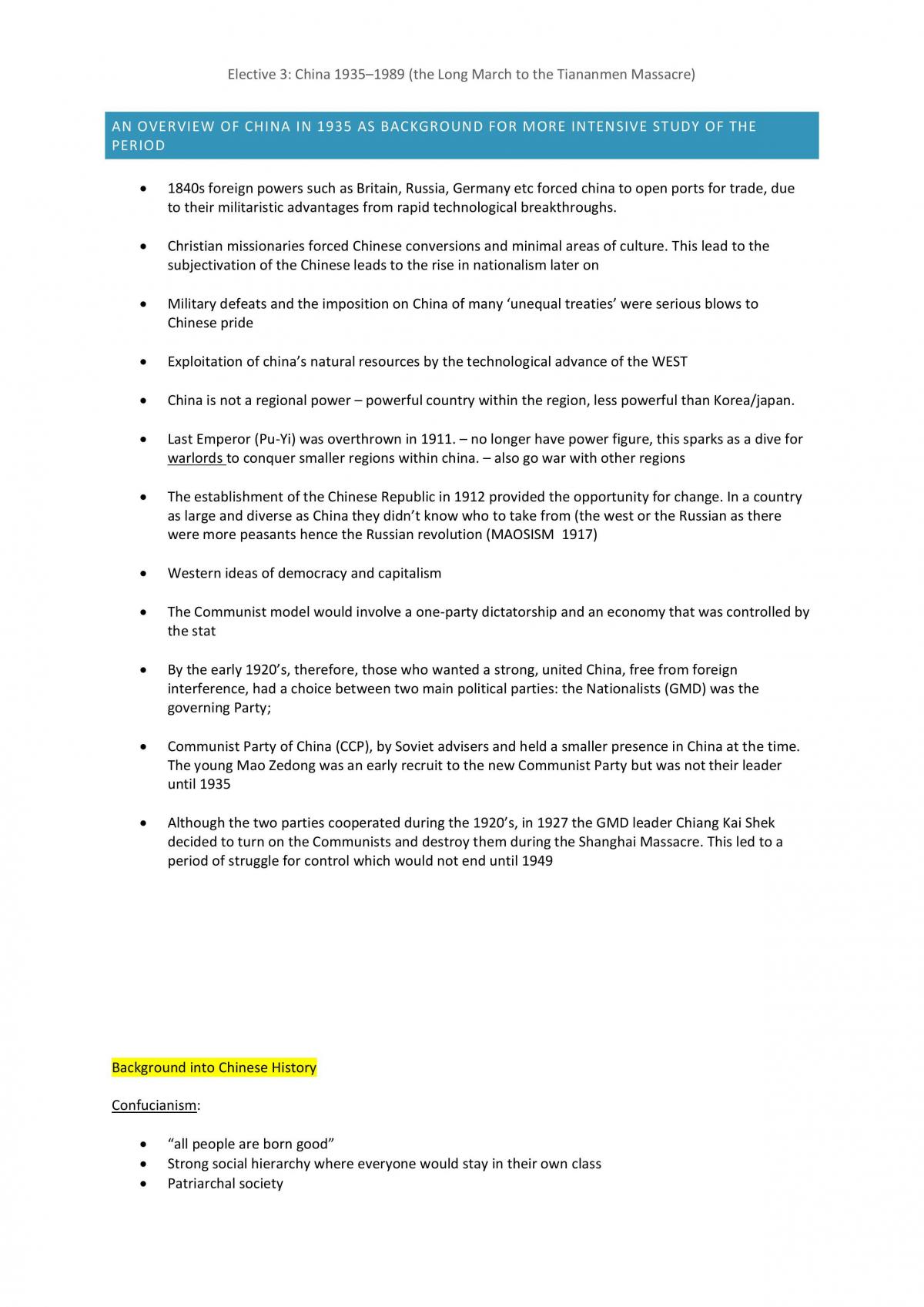 Modern History Year 12 Unit. Elective 3: China 1935-89 Long March to ...