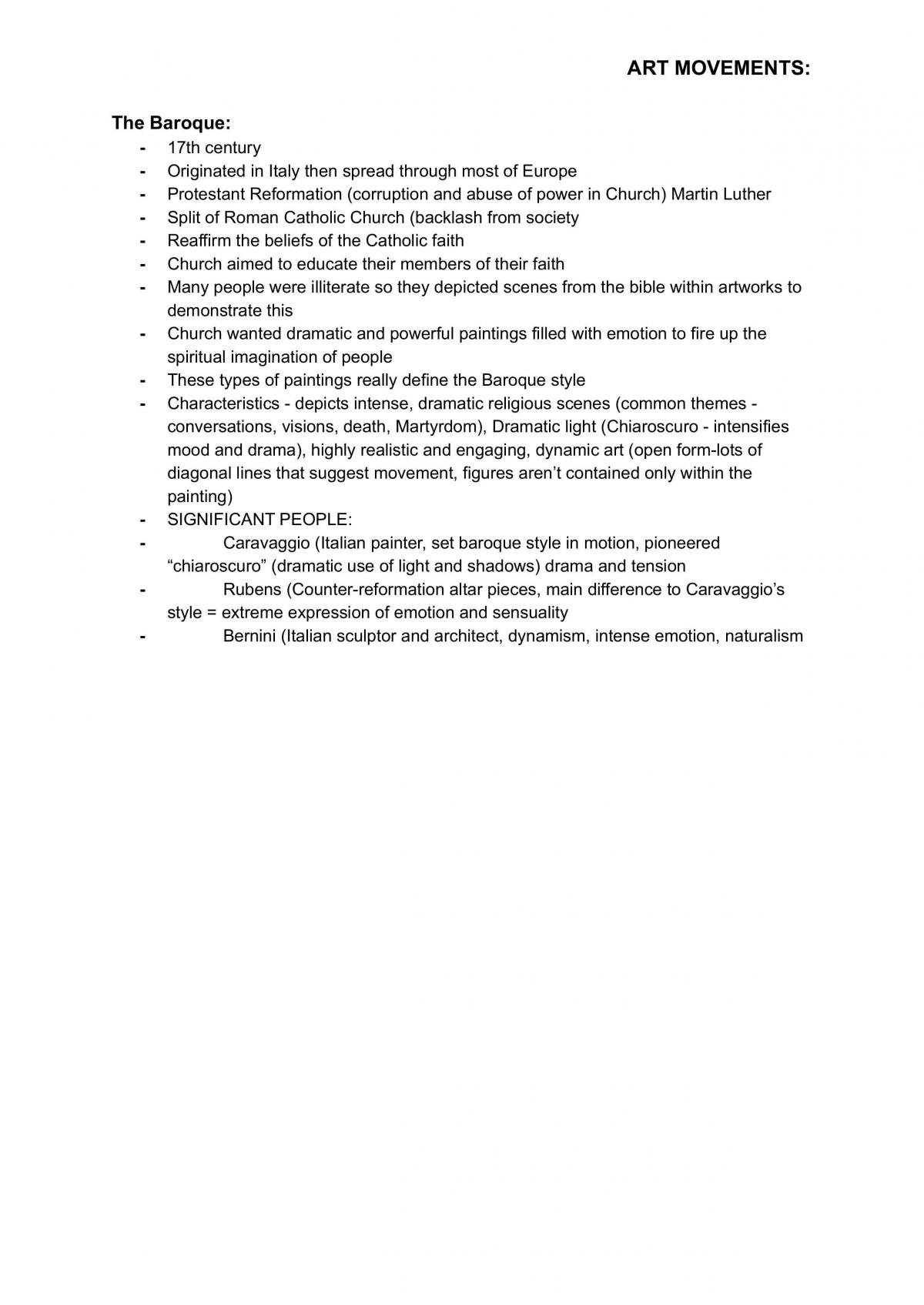 Arts movements - study notes | Visual Arts - Year 12 HSC | Thinkswap