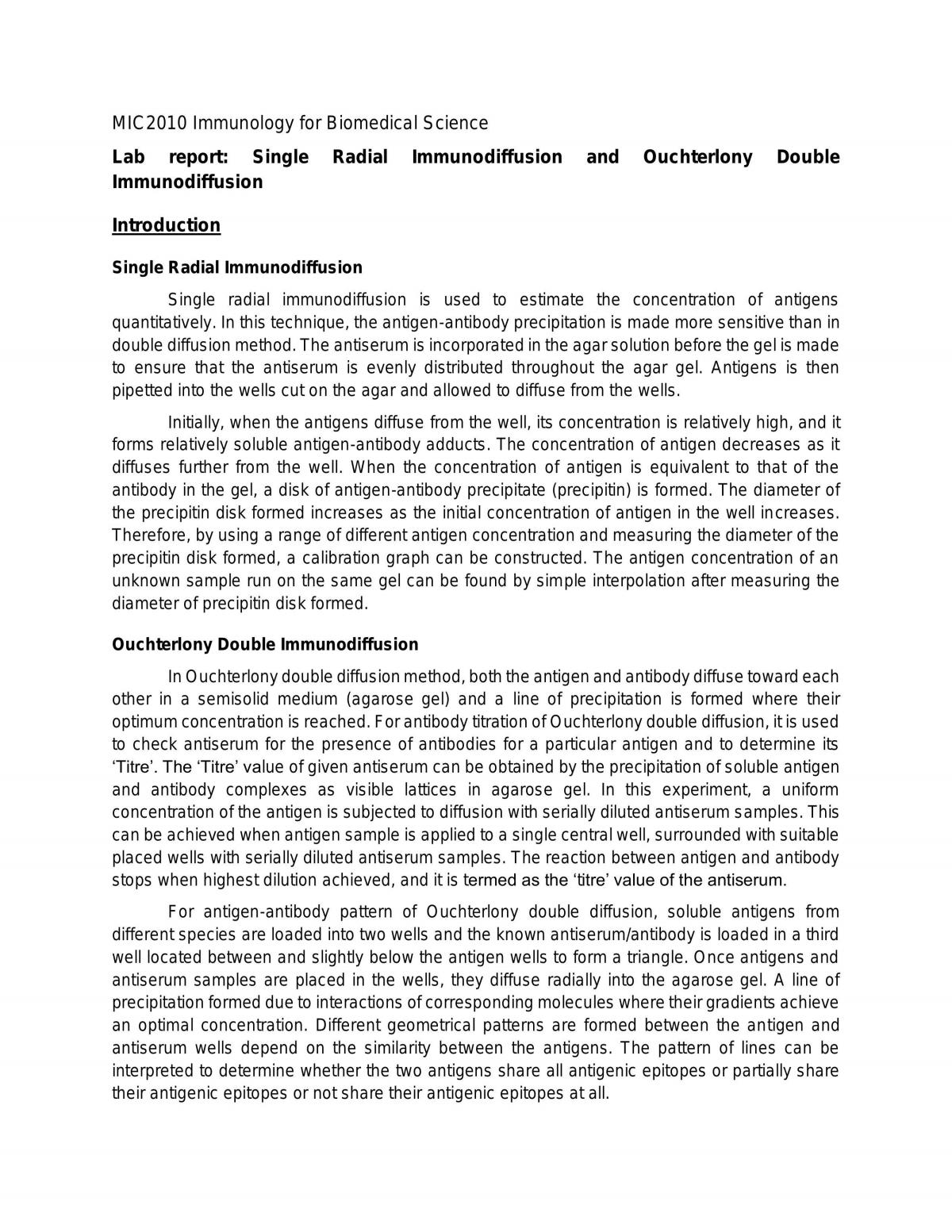 Lab report: Single Radial Immunodiffusion and Ouchteriony Double ...