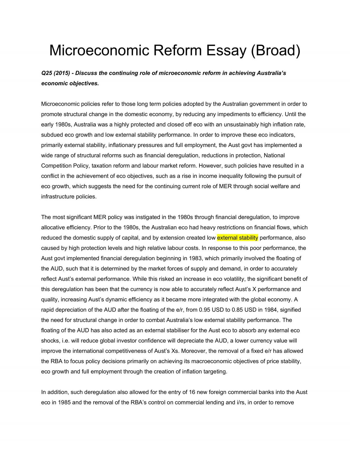 Microeconomic Reform Essay | Economics - Year 12 HSC | Thinkswap