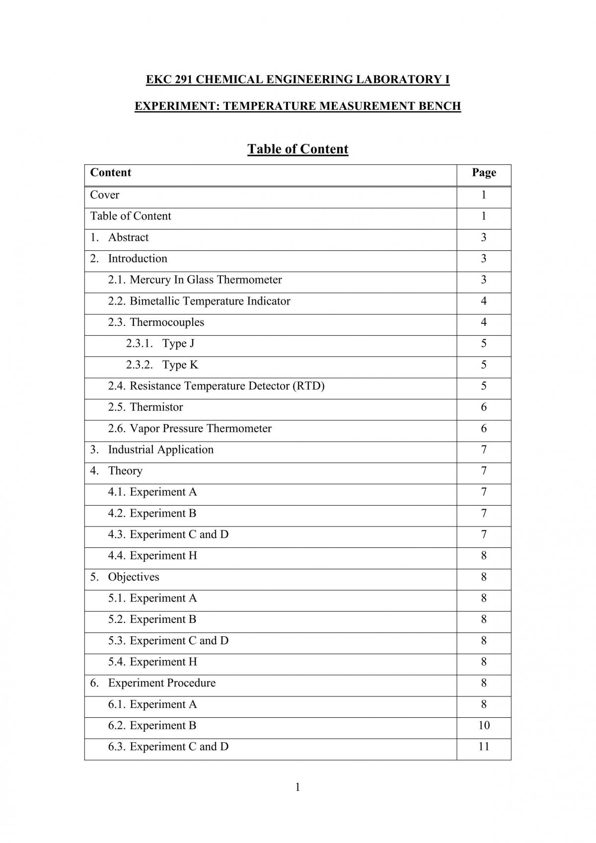 Lab Report of Temperature Measurement Bench Experiment | EKC291 ...