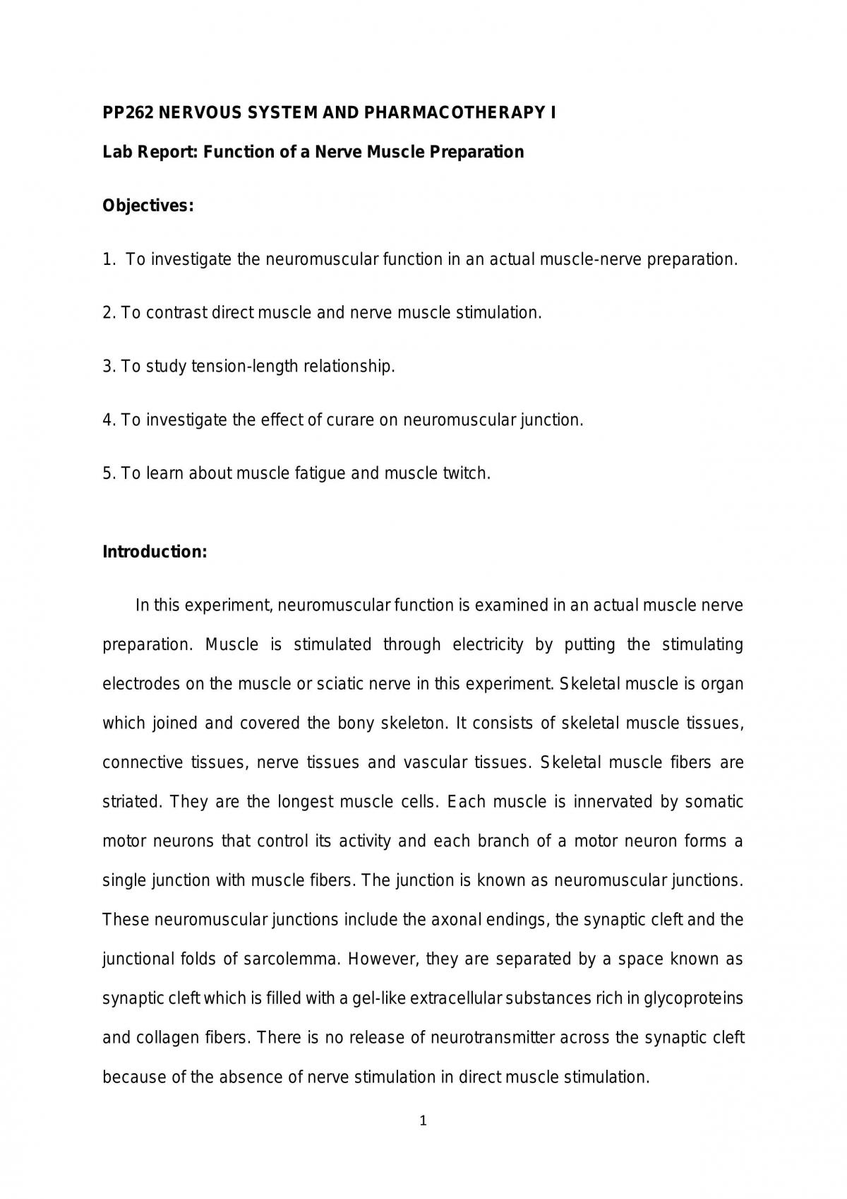Lab Report Discussing Function of a Nerve Muscle Preparation | PP262 ...