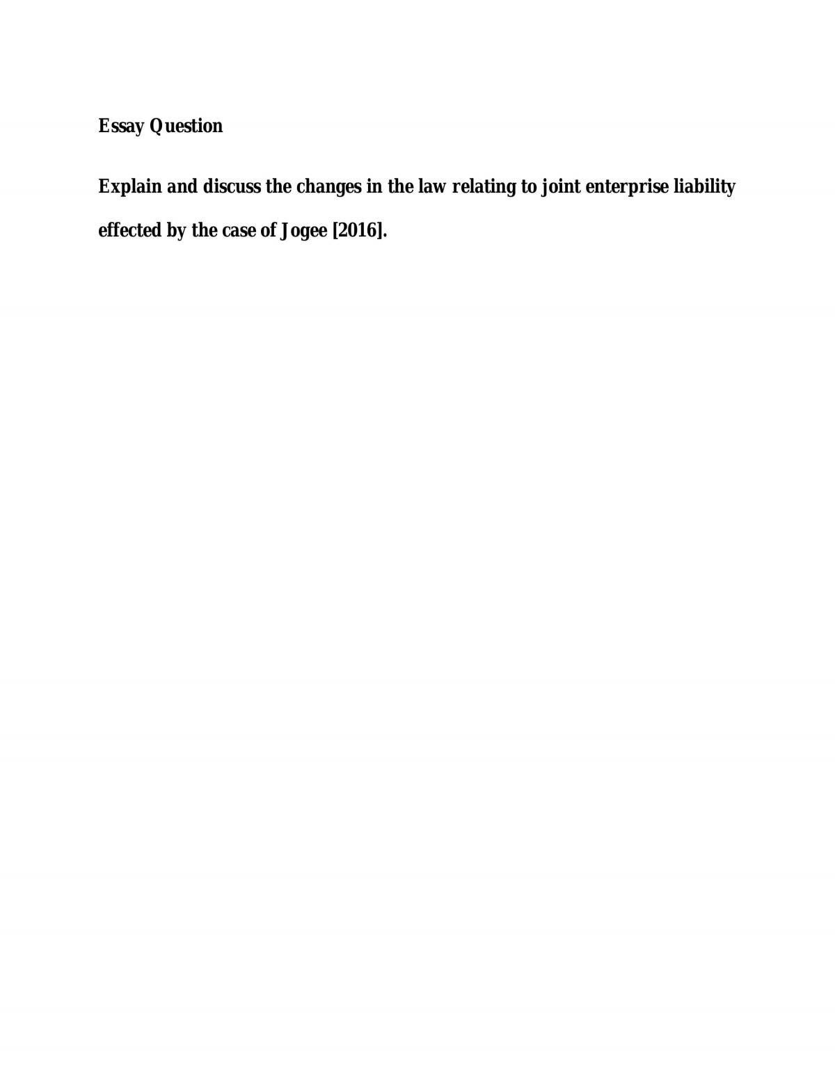 Joint Enterprise Liability essay | CL101 - Criminal Law - BAC | Thinkswap
