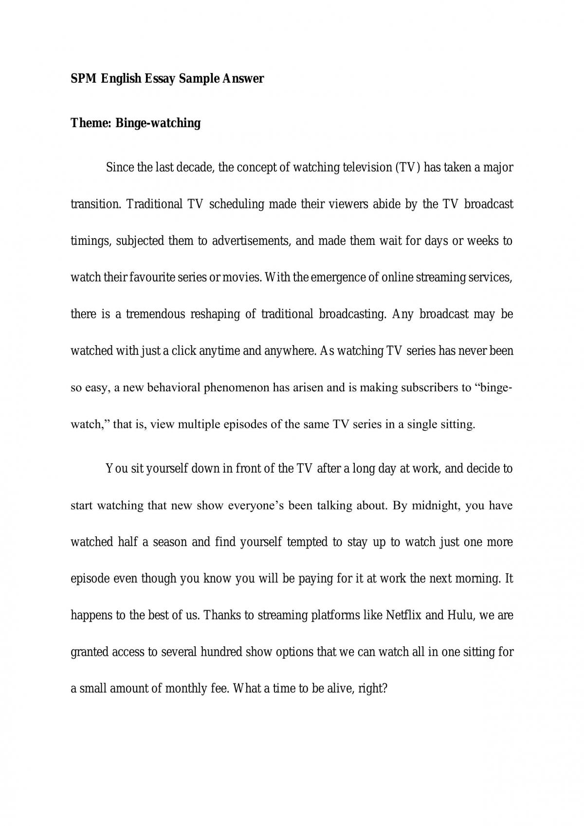 English essay on Binge-watching | English Language - Form 5 SPM | Thinkswap