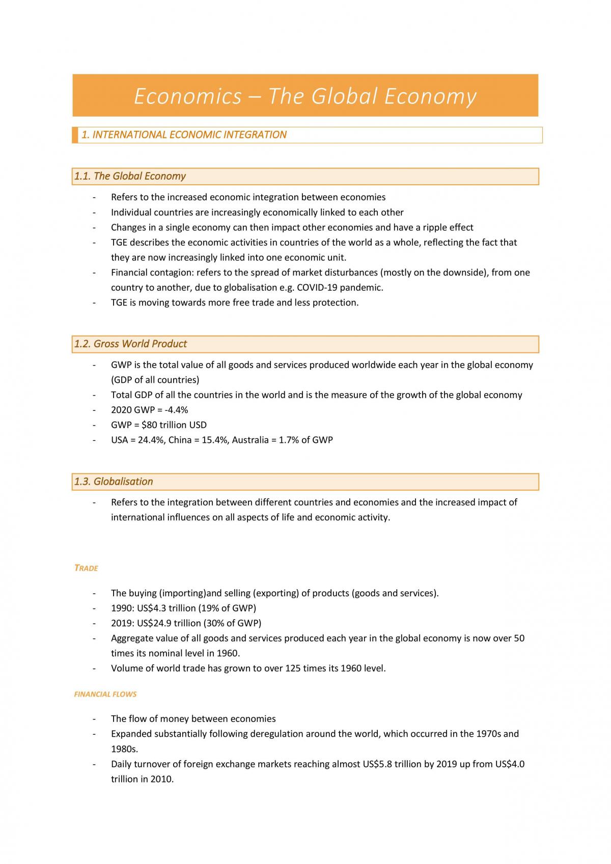 The Global Economy Notes | Economics - Year 12 HSC | Thinkswap
