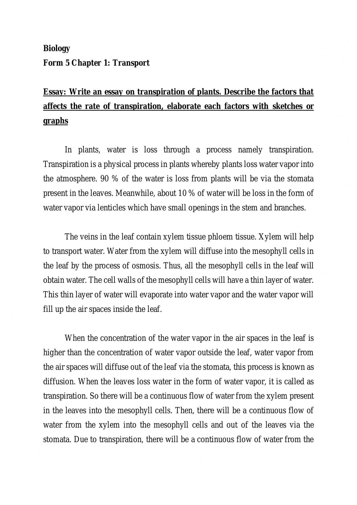 Essay: Transpiration | Biology - Form 5 SPM | Thinkswap