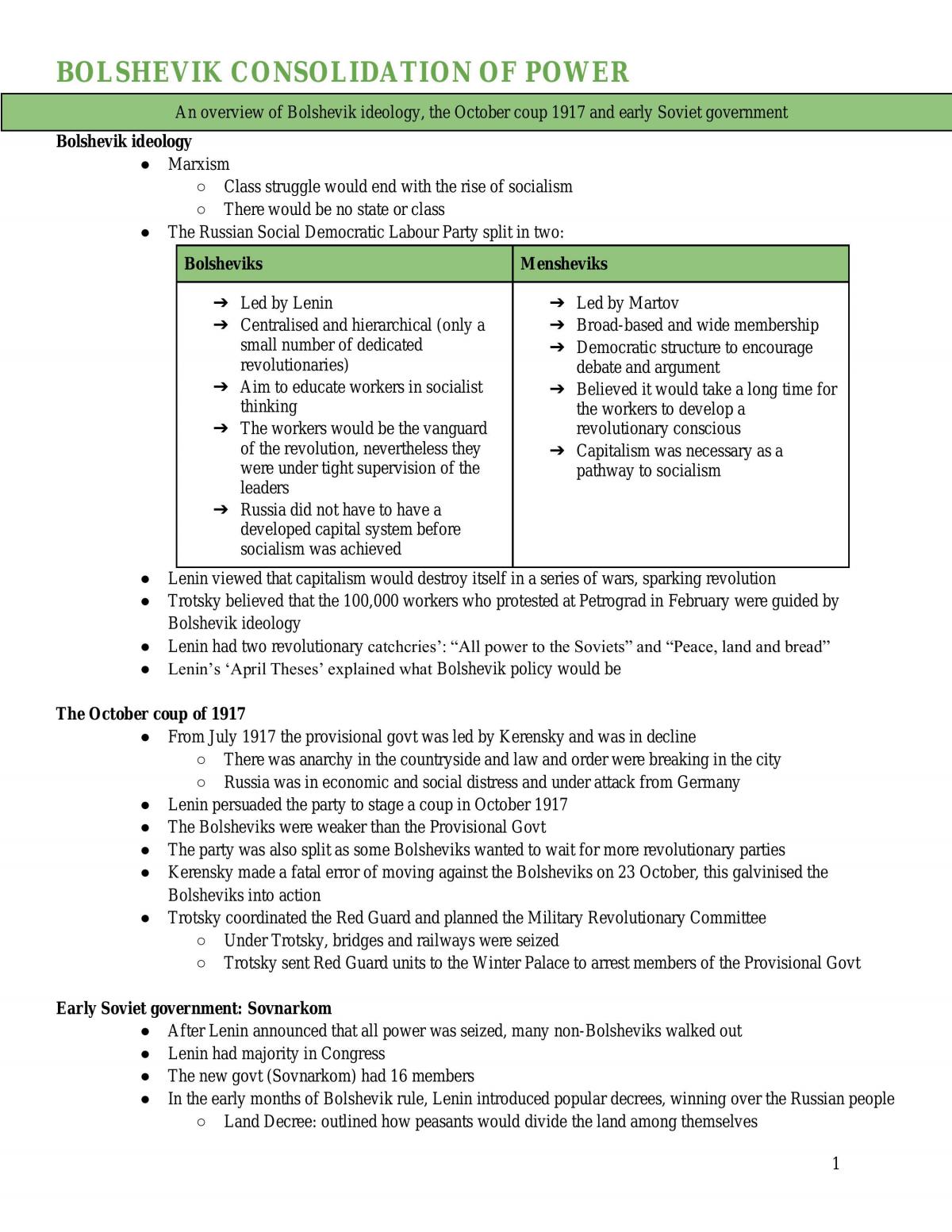 Bolshevik Consolidation of Power | Modern History - Year 12 HSC | Thinkswap