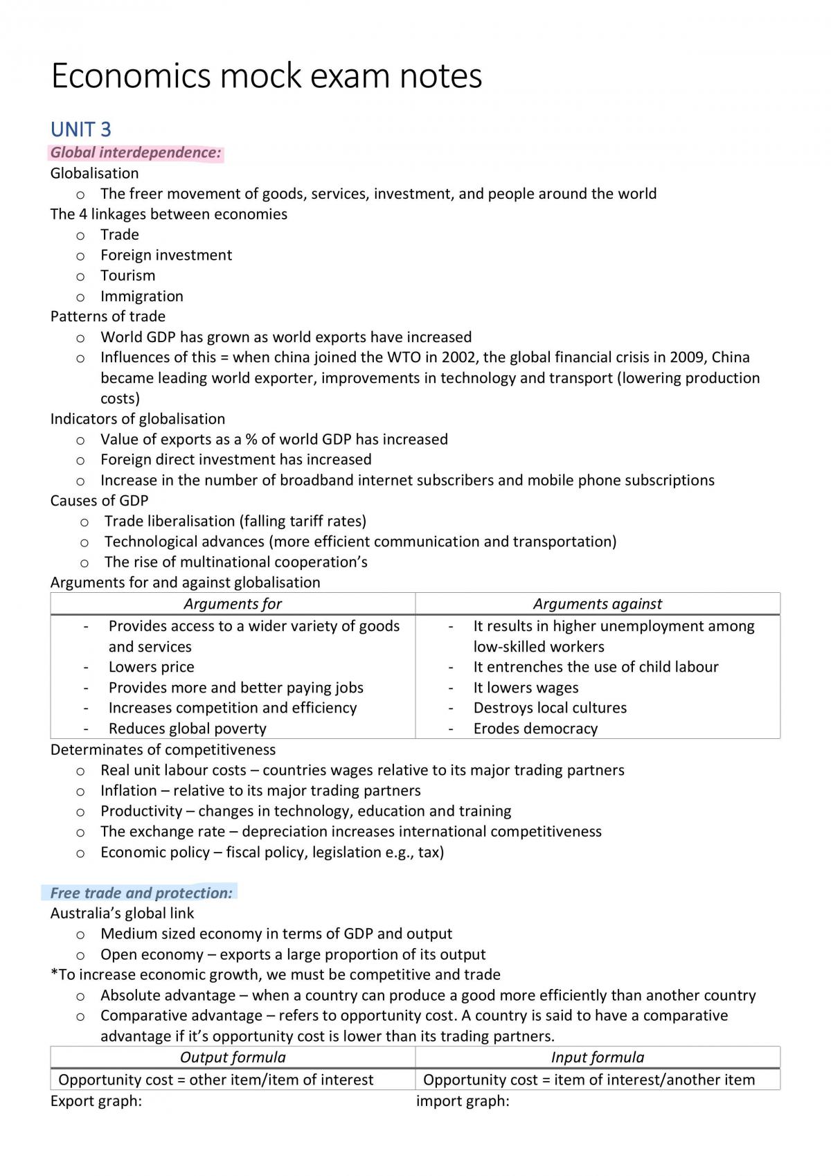 Unit 3 and 4 WACE Economics Notes | Economics - Year 12 WACE | Thinkswap