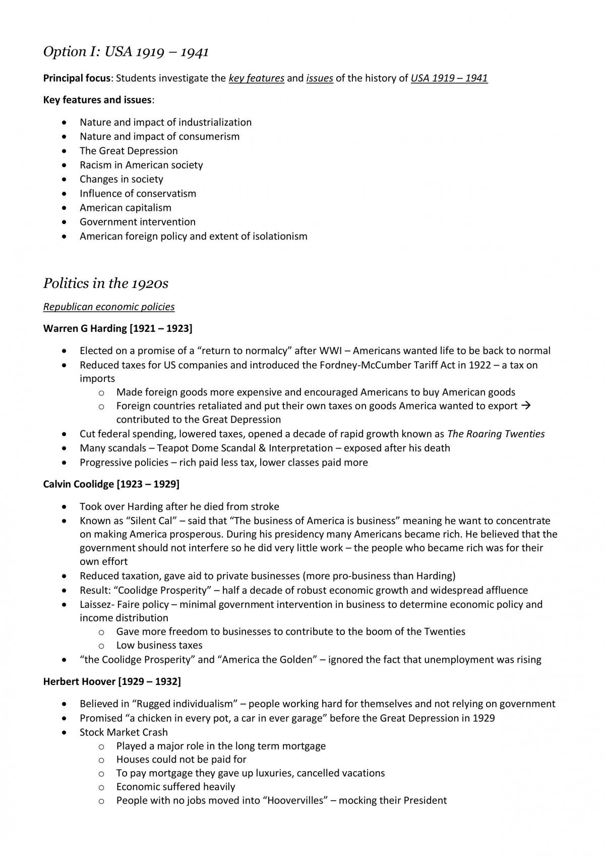 Option 1: USA 1919 - 1941 Notes | Modern History - Year 12 HSC | Thinkswap