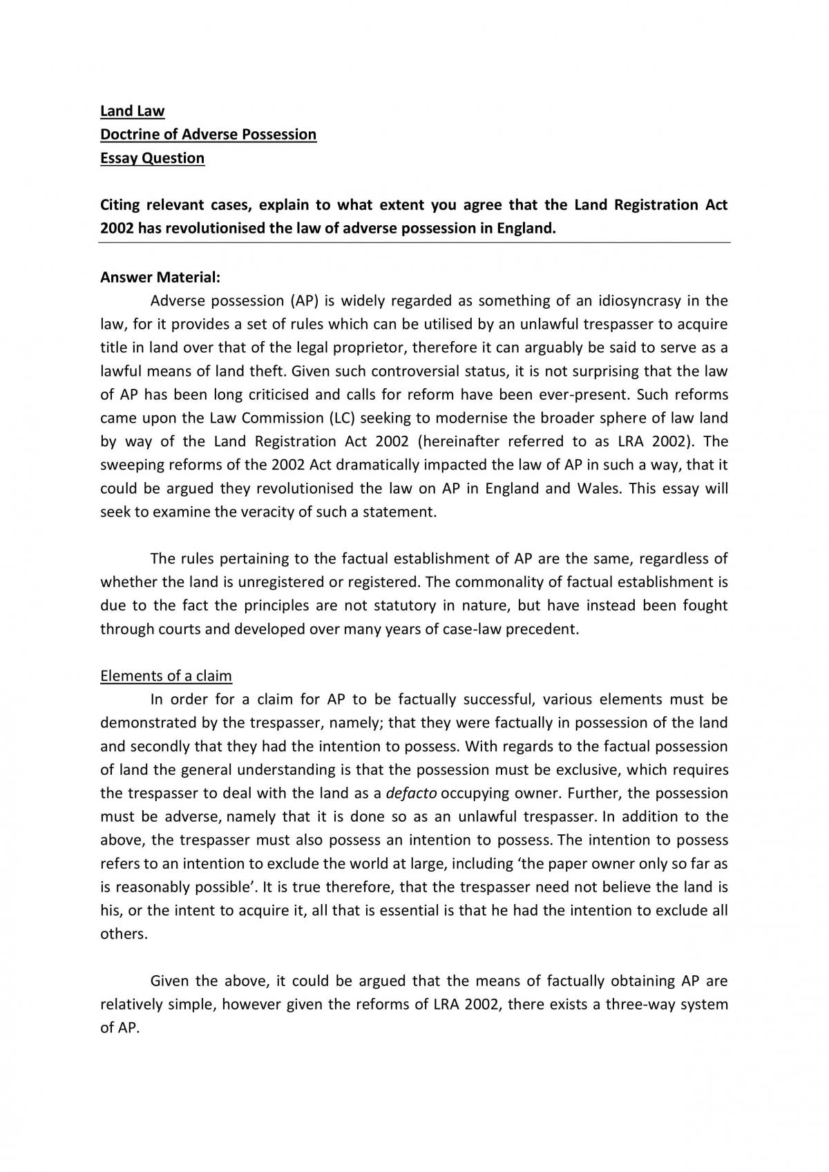 Doctrine of Adverse Possession | LA201 - Land Law - BAC | Thinkswap