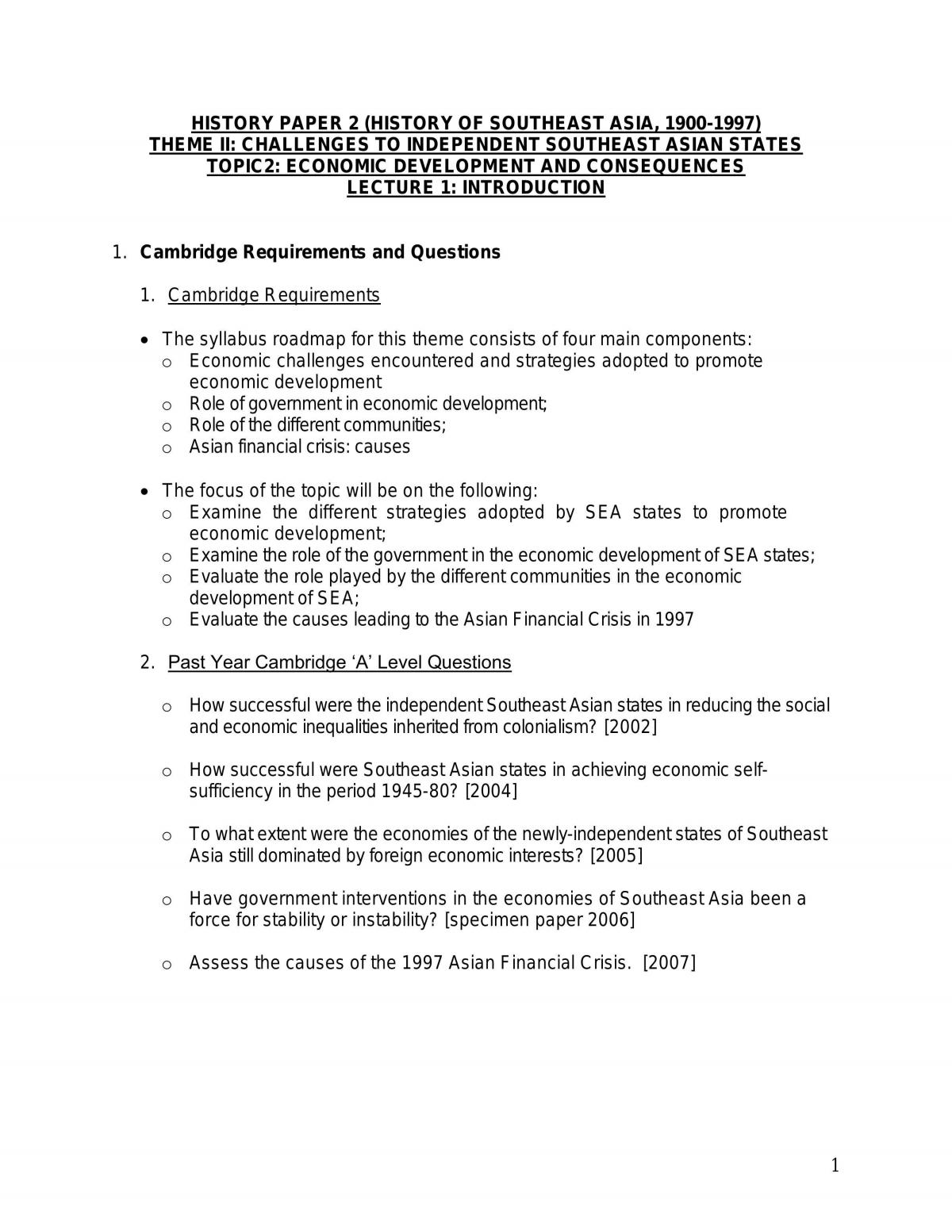History Paper 2: SEA Economic Development | History H2 - GCE A Level ...