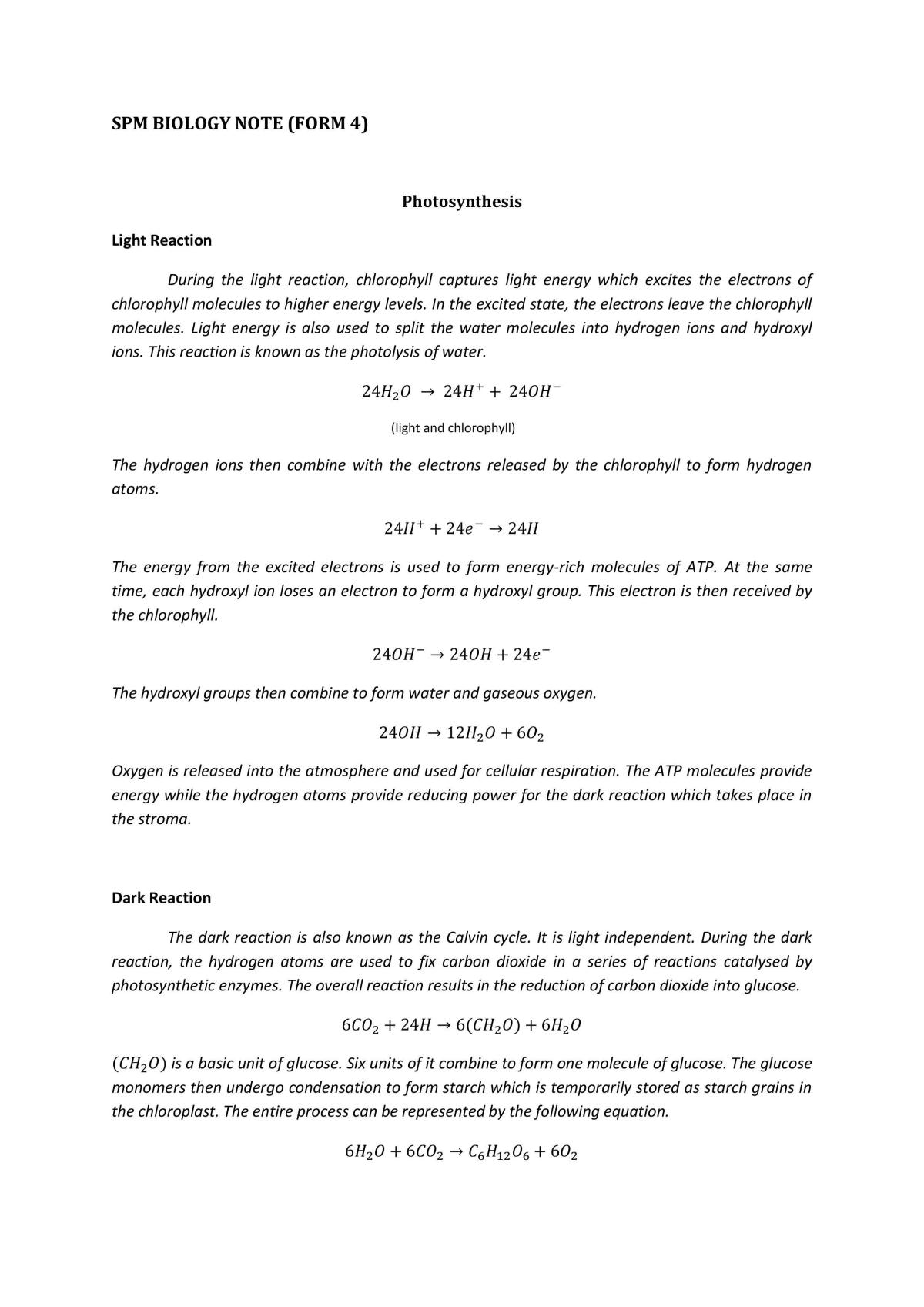 SPM Biology Notes (Form 4) | Biology - Form 4 SPM | Thinkswap