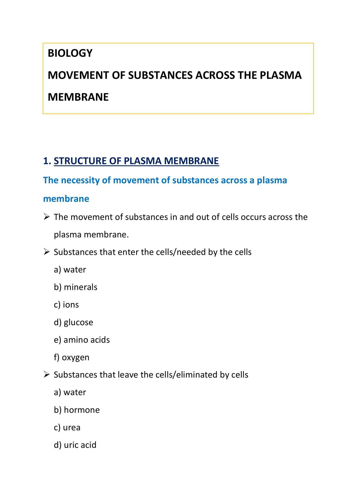 Movement of substances across the plasma membrane notes | Biology ...