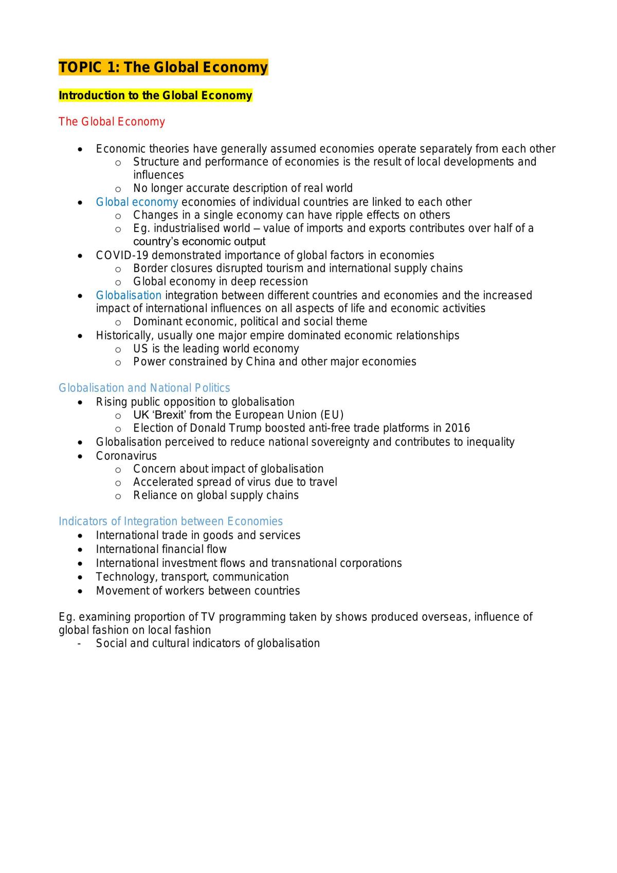 Economics Topic 1: The Global Economy | Economics - Year 12 HSC | Thinkswap