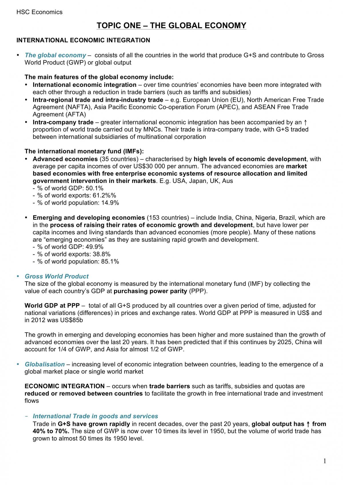 HSC Economics: The Global Economy | Economics - Year 12 HSC | Thinkswap