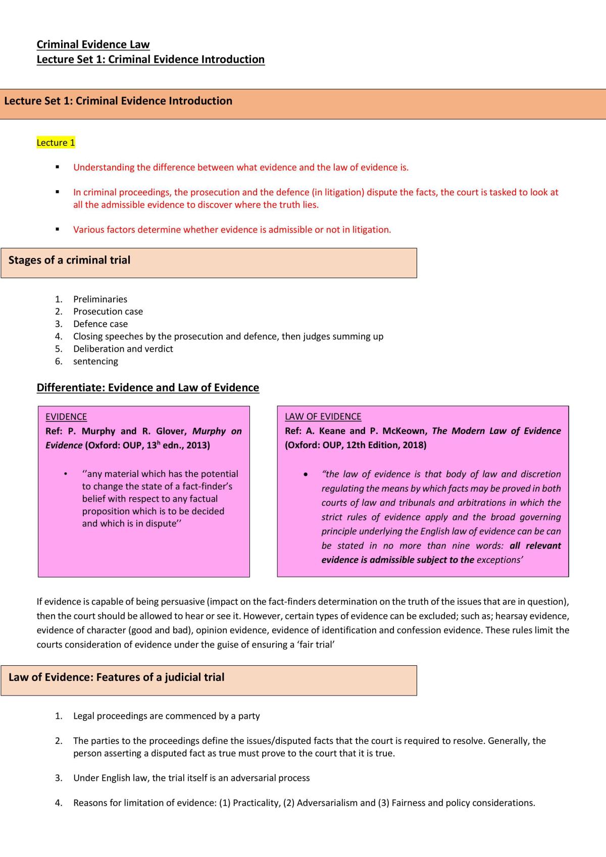 Criminal Evidence Law Notes | LAW033 - Criminal Evidence - Liverpool ...